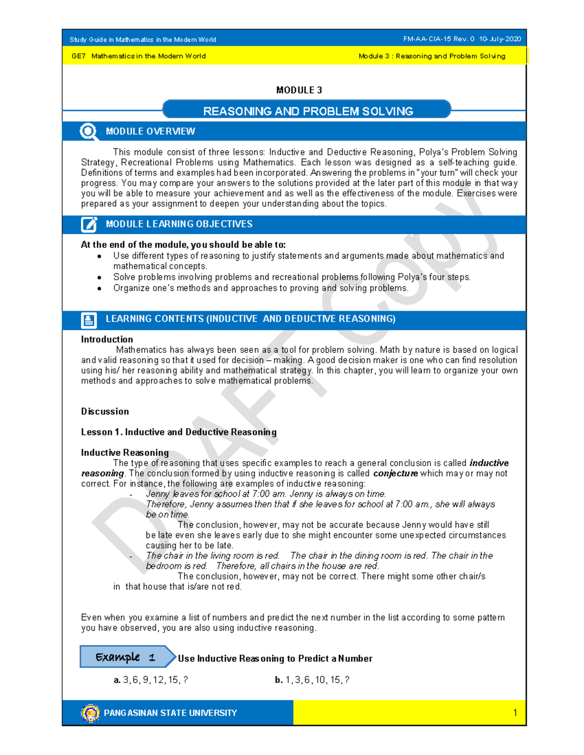 Module 3 - GE7 Mathematics in the Modern World Module 3 : Reasoning and ...