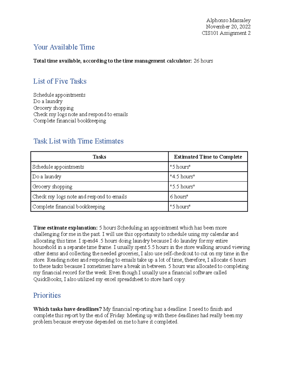 CIS101 Assignment 2 - For peer review - Alphonso Massaley November 20 ...