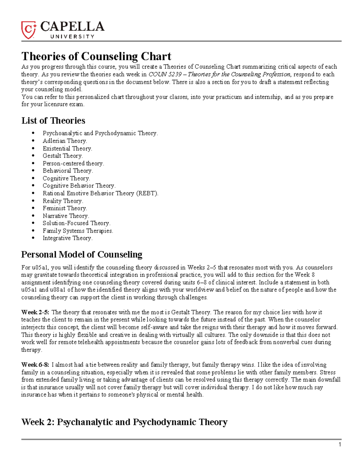 Cf theories counseling chart Course Furnish - Theories of Counseling Chart As you progress ...