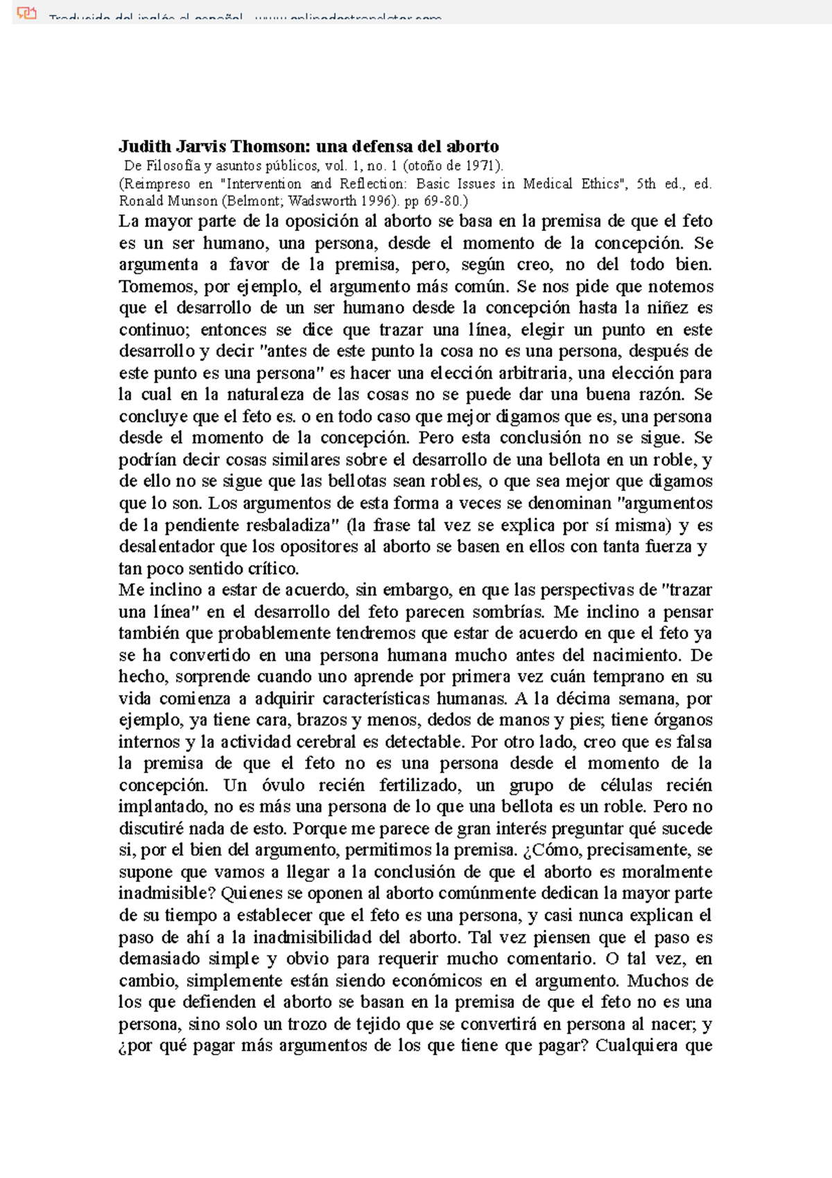 Una defensa del Aborto by Judith Jarvis Thomson - Original version ...