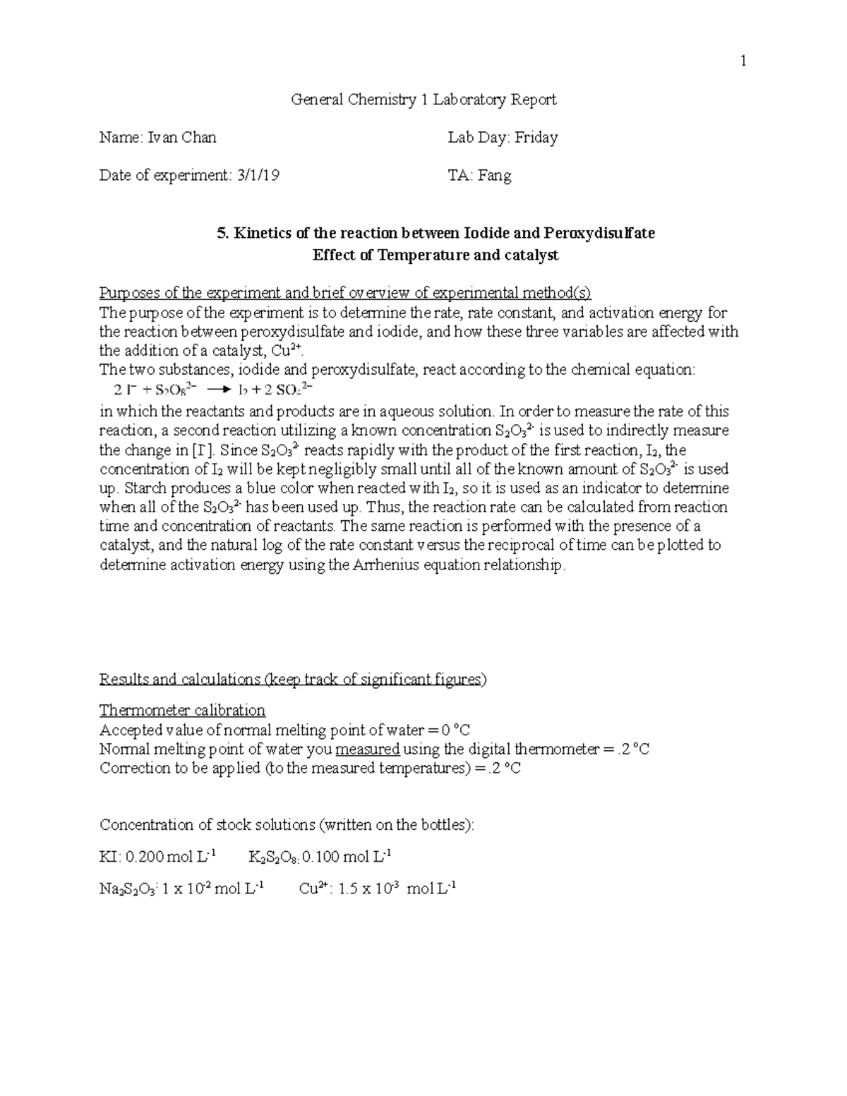 Lab Report Ex 5 Kinetics Arrhenius - General Chemistry 1 Laboratory ...