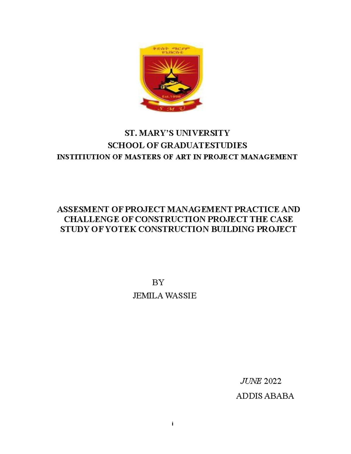 Jemila Wassie Final Thesis - i ST. MARY’S UNIVERSITY SCHOOL OF ...