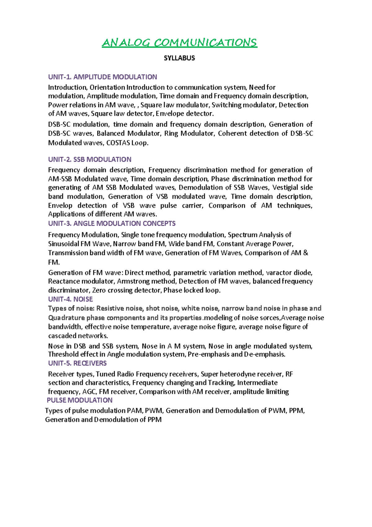 Analog communication notes - ANALOG COMMUNICATIONS ####### SYLLABUS ...