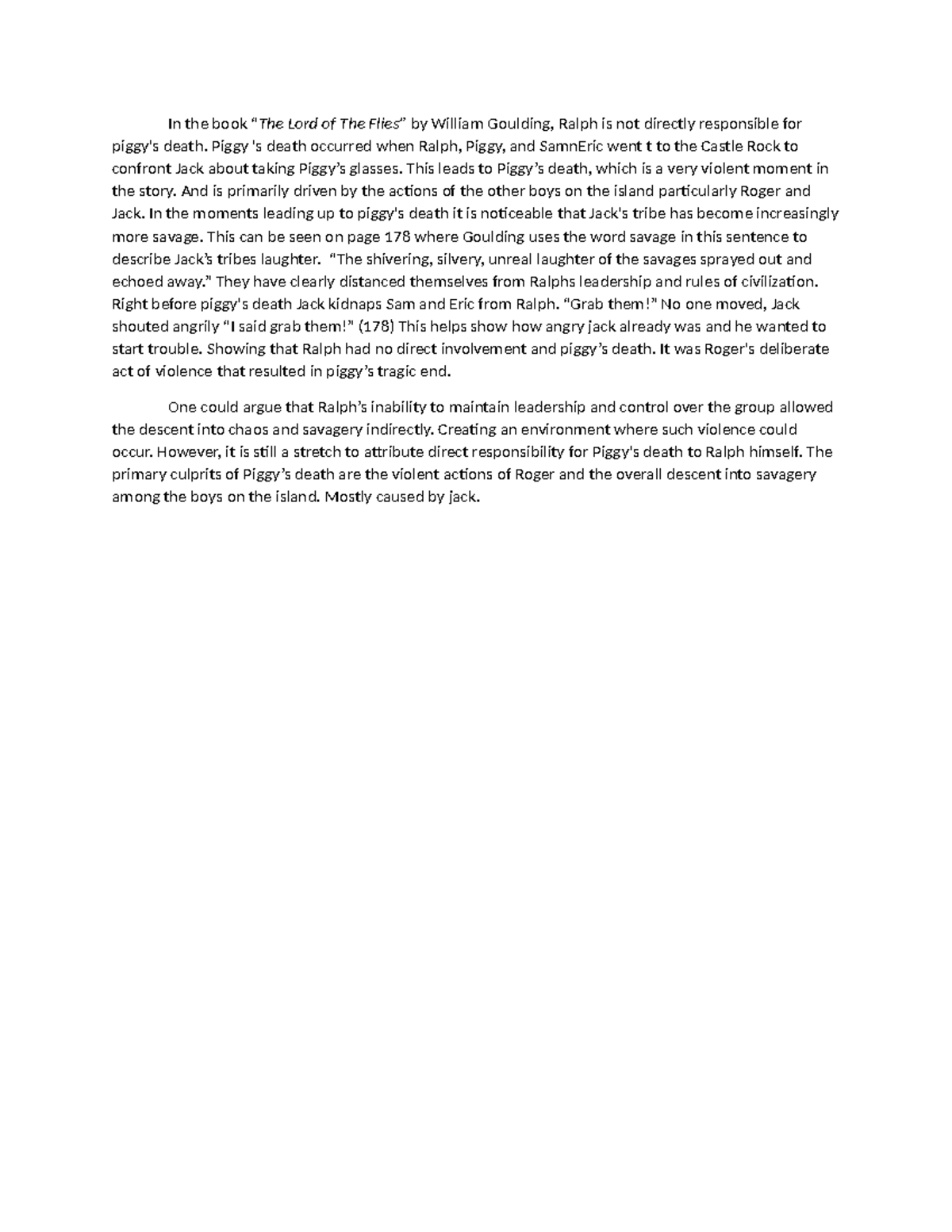 LOTF Body Paragraphs - In the book “The Lord of The Flies” by William ...