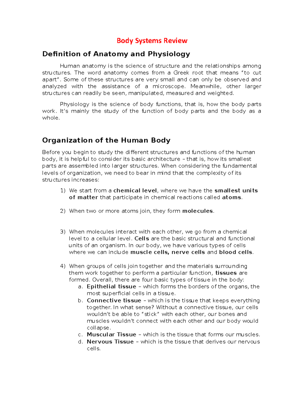 Anatomy and Physiology - Body Systems Review Definition of Anatomy and ...