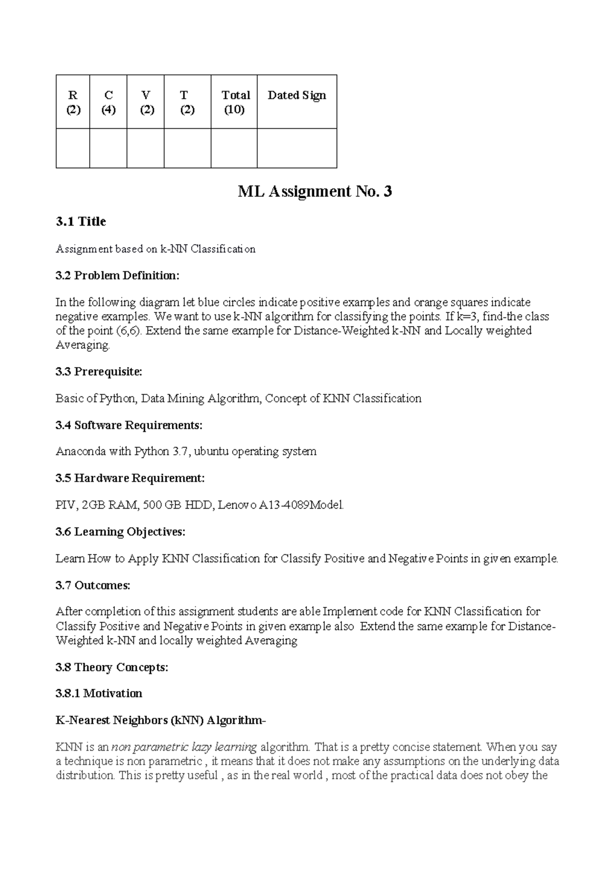 Ml 4th - nmsdfbajkdnsfklnglfkc - R (2) C (4) V (2) T (2) Total (10) Dated Sign ML Assignment No ...
