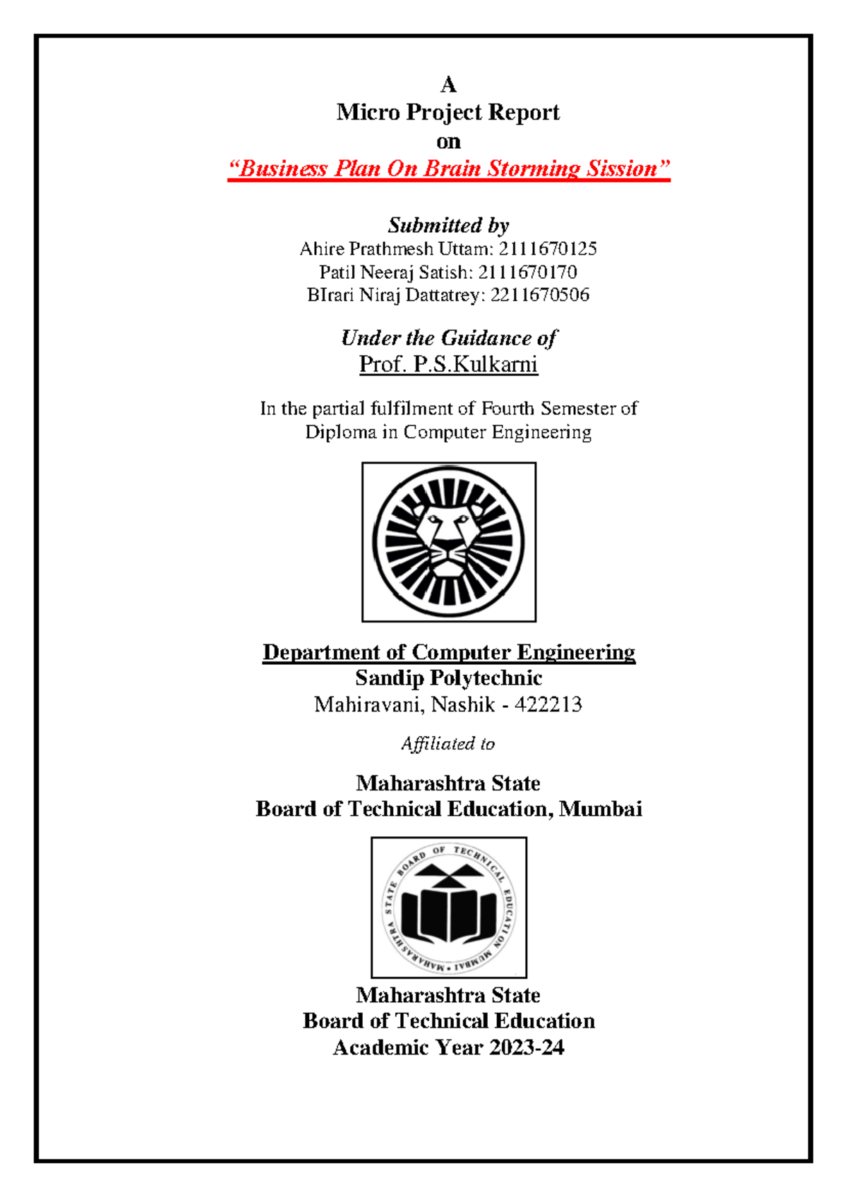 Micro Project format EPT-1 - A Micro Project Report on “Business Plan ...