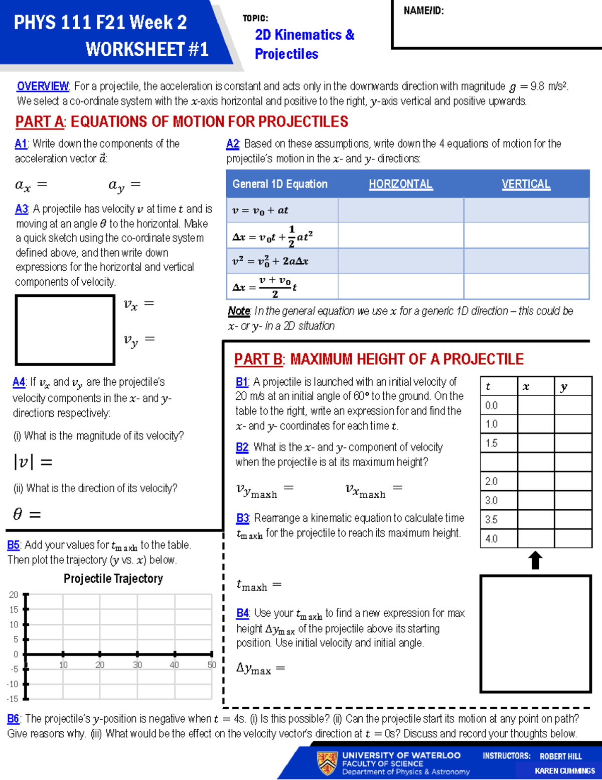 PHYS111 F21 Week2-Worksheet 01 - 2D Kinematics & Projectiles PHYS 111 ...