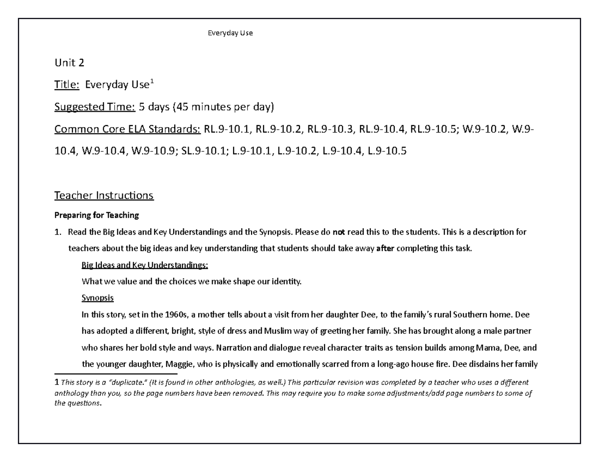 10. Everyday Use. lesson - Story - Unit 2 Title: Everyday Use 1 ...