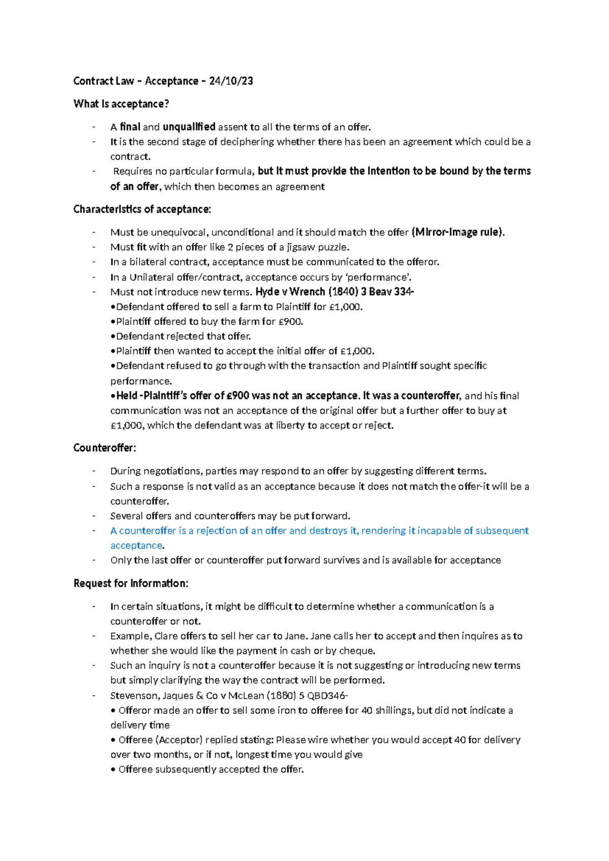 Lecture 5 - Acceptance - Contract Law – Acceptance – 24/10/ What is ...