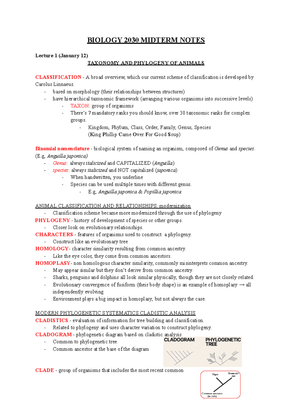 Biology Midterm 1 Notes - BIOLOGY 2030 MIDTERM NOTES Lecture 1 (January ...