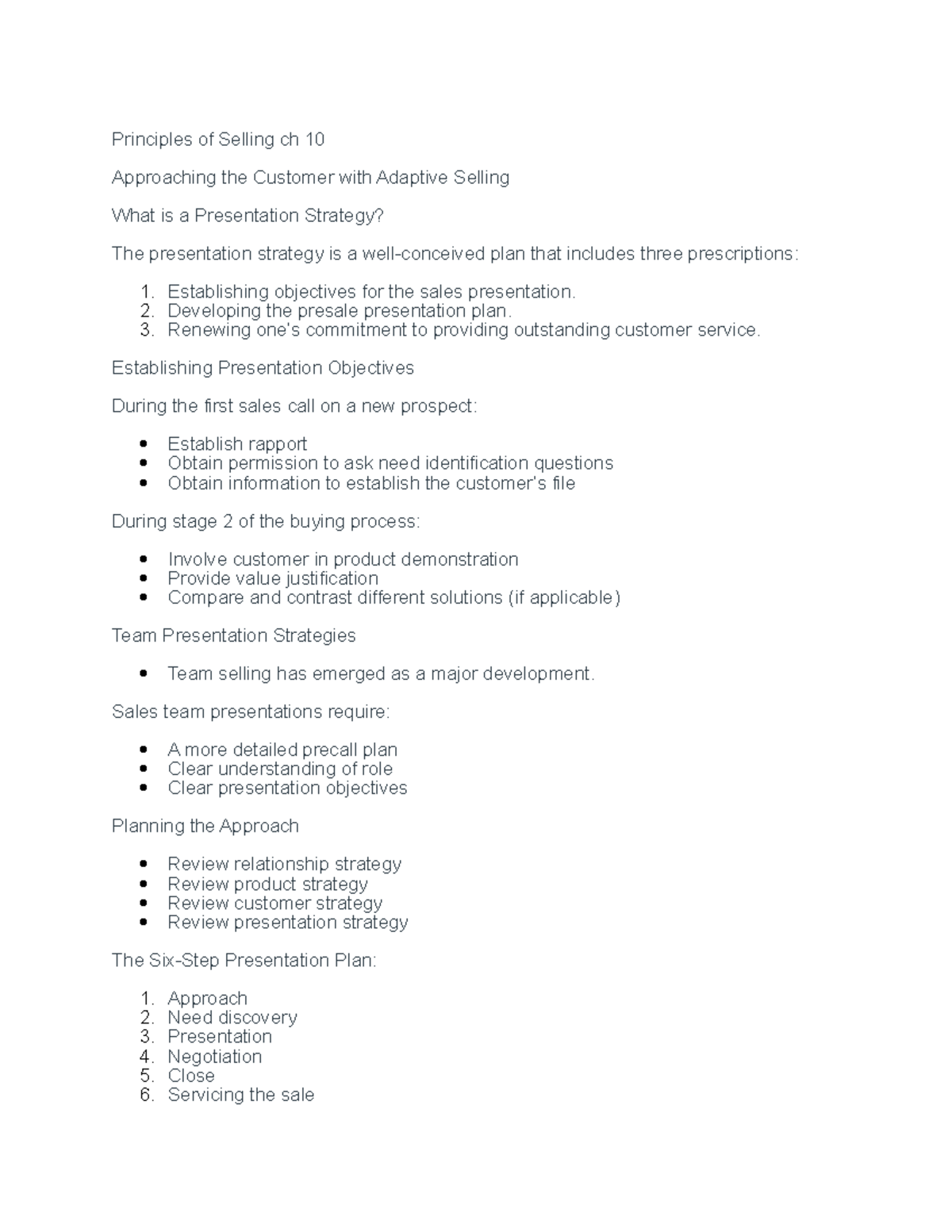 Selling notes ch10 - Principles of Selling ch 10 Approaching the ...