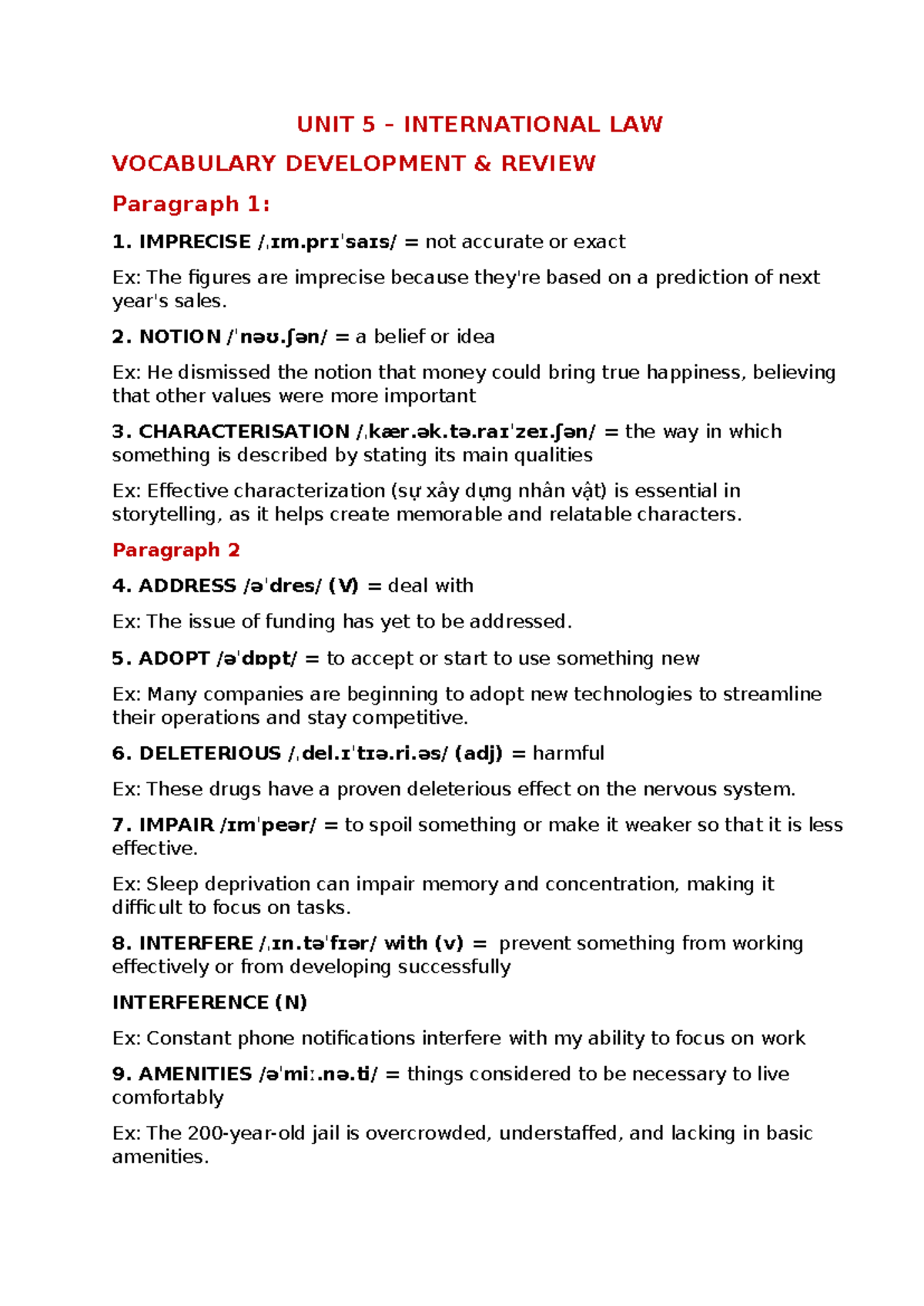 UNIT 5 - Vocabulary - Copy - UNIT 5 – INTERNATIONAL LAW VOCABULARY ...