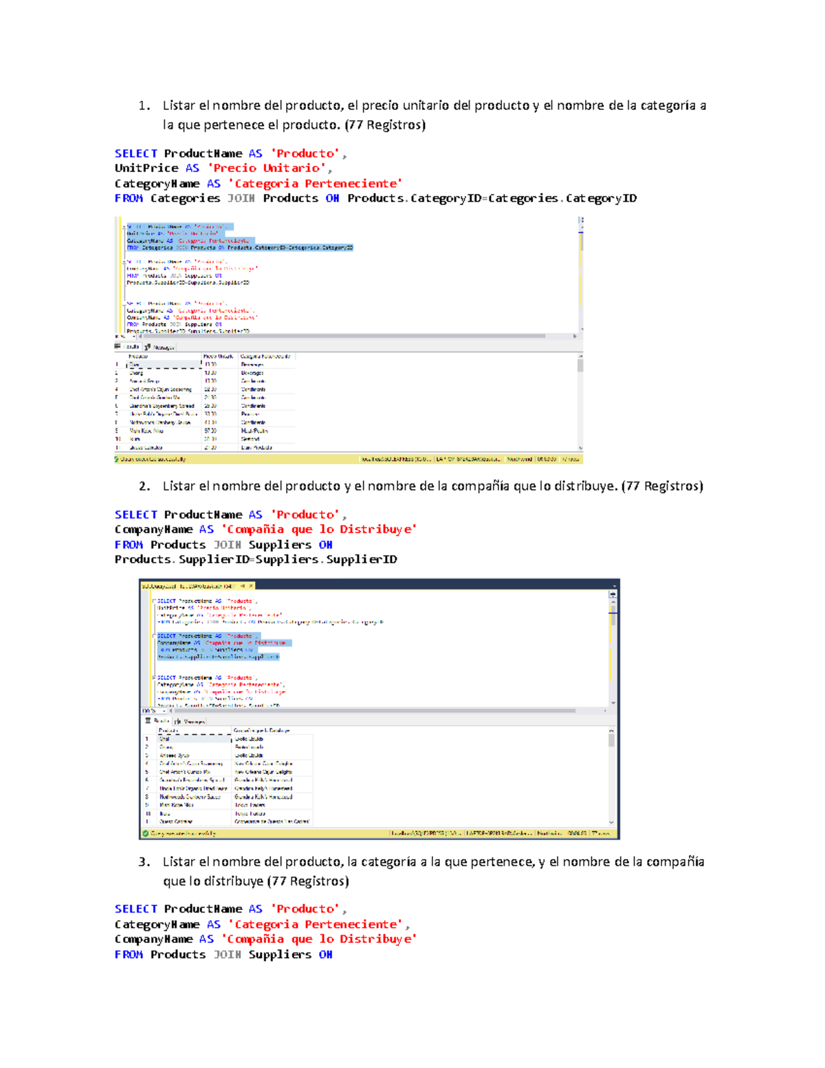 Consultas SQL 2 - 1. Listar el nombre del producto, el precio unitario ...