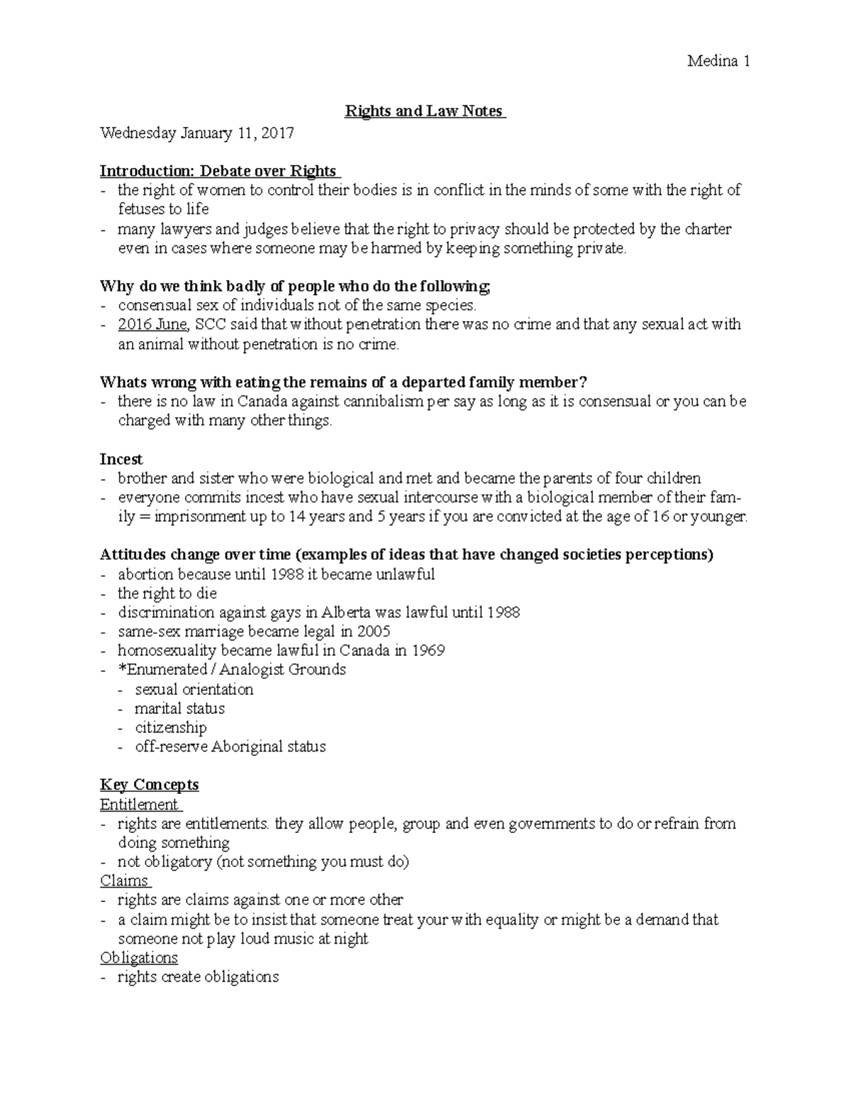 Rights and Law Notes - Medina 1 Rights and Law Notes Wednesday January ...
