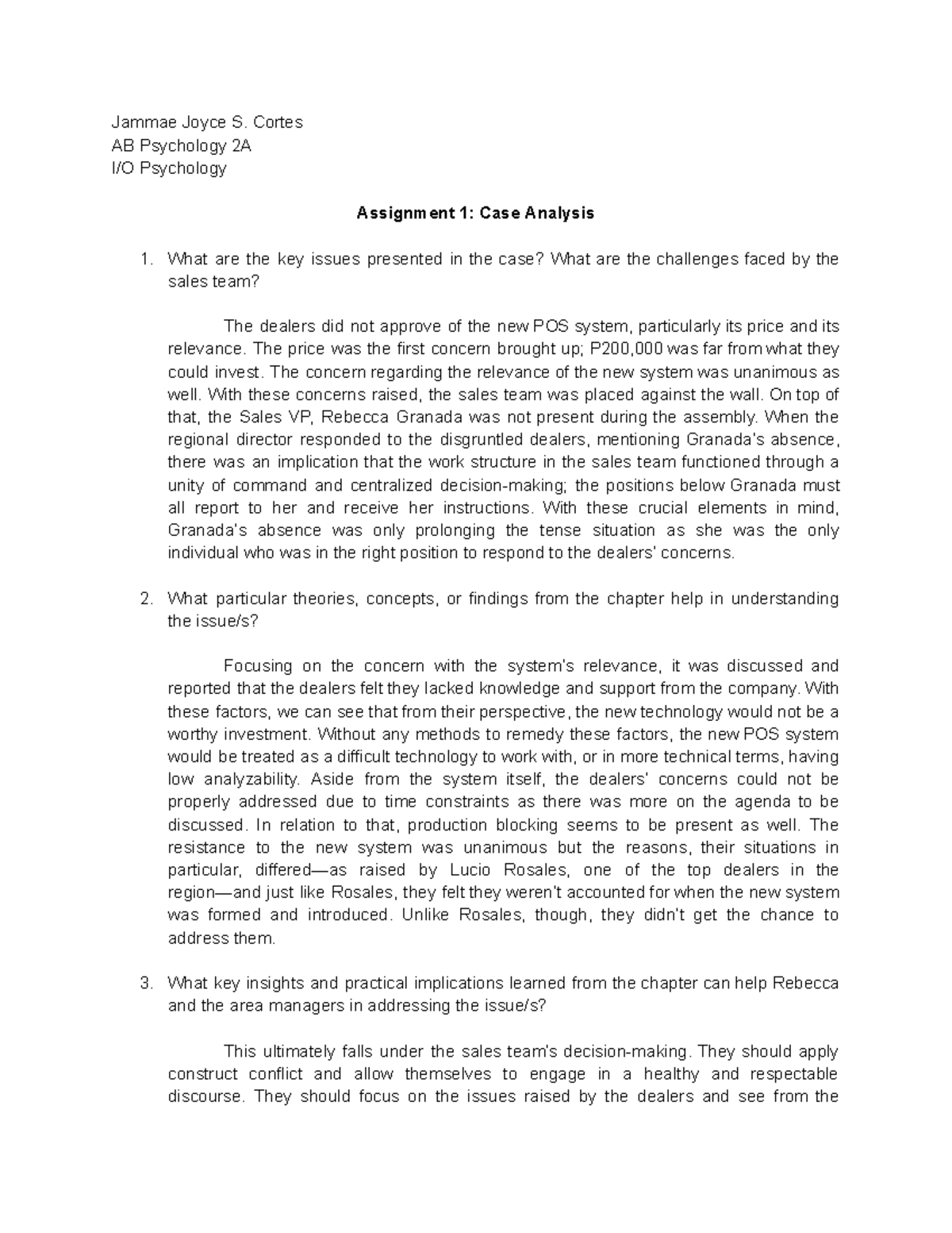 Assignment 1 Case Analysis - Jammae Joyce S. Cortes AB Psychology 2A I ...