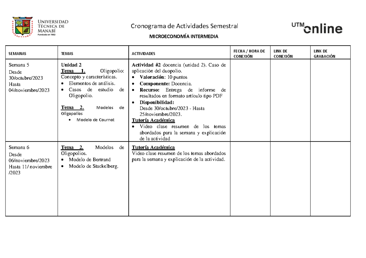 Matriz DE Actividades Unidad 2 - Cronograma de Actividades Semestral ...