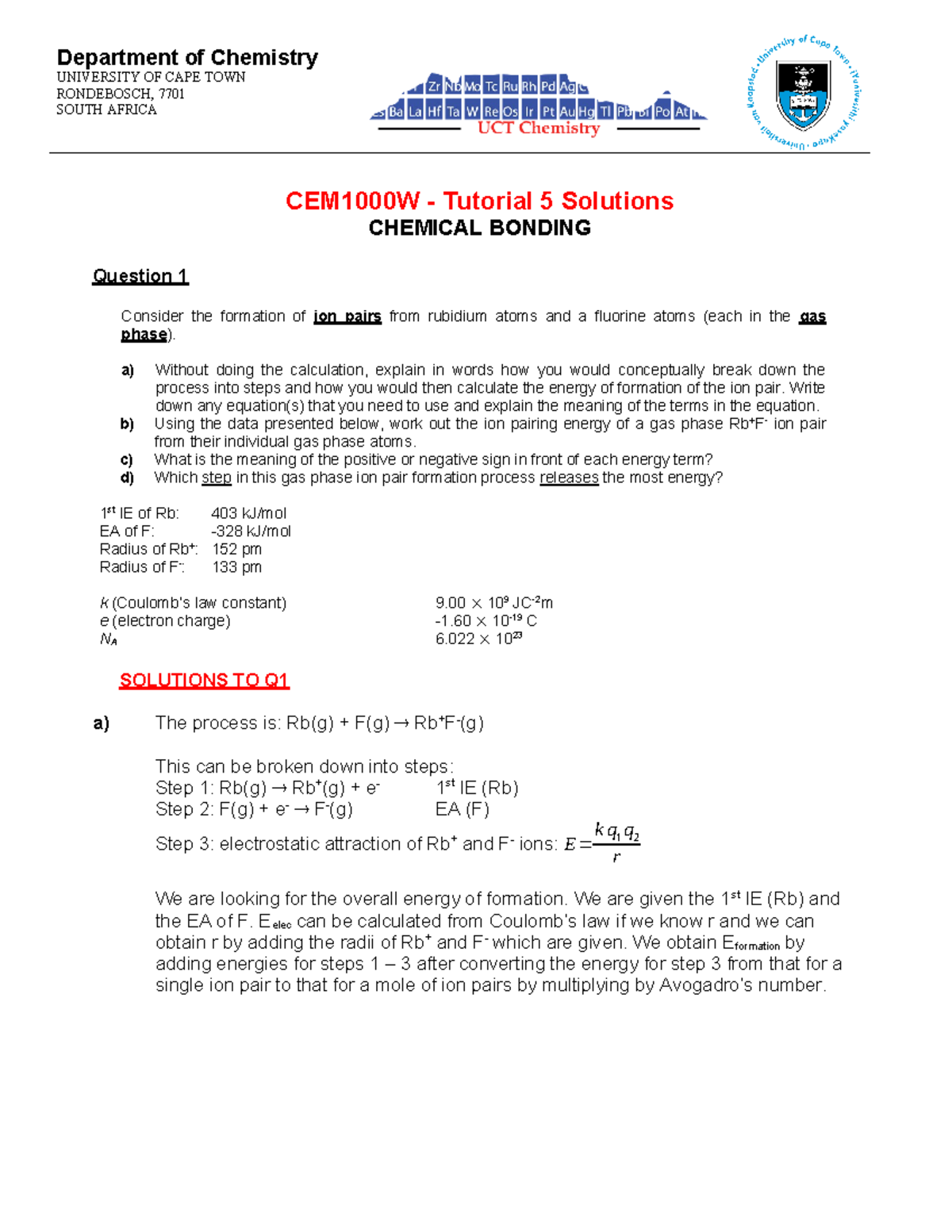 Tutorial 5 Solutions - Department of Chemistry UNIVERSITY OF CAPE TOWN ...
