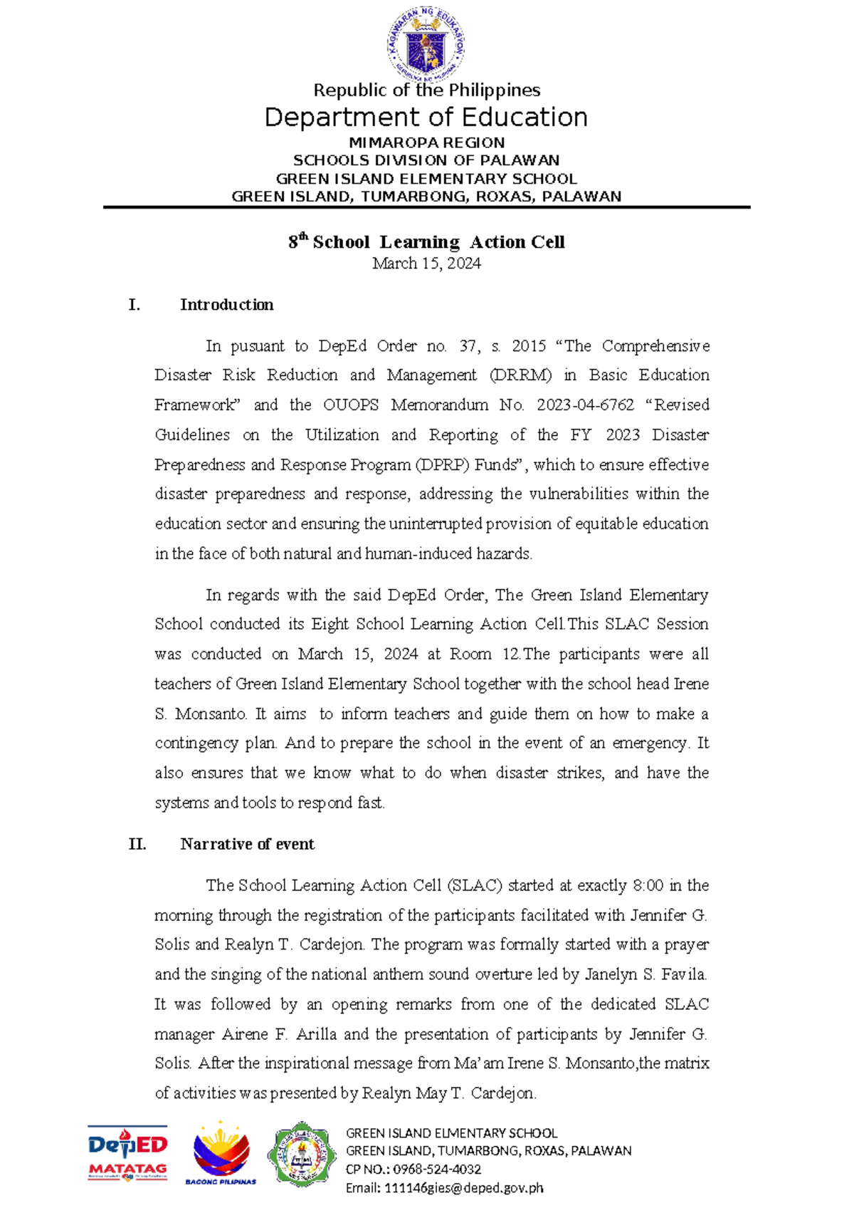 8TH SLAC Medrina - Narrative Report - Department of Education MIMAROPA ...