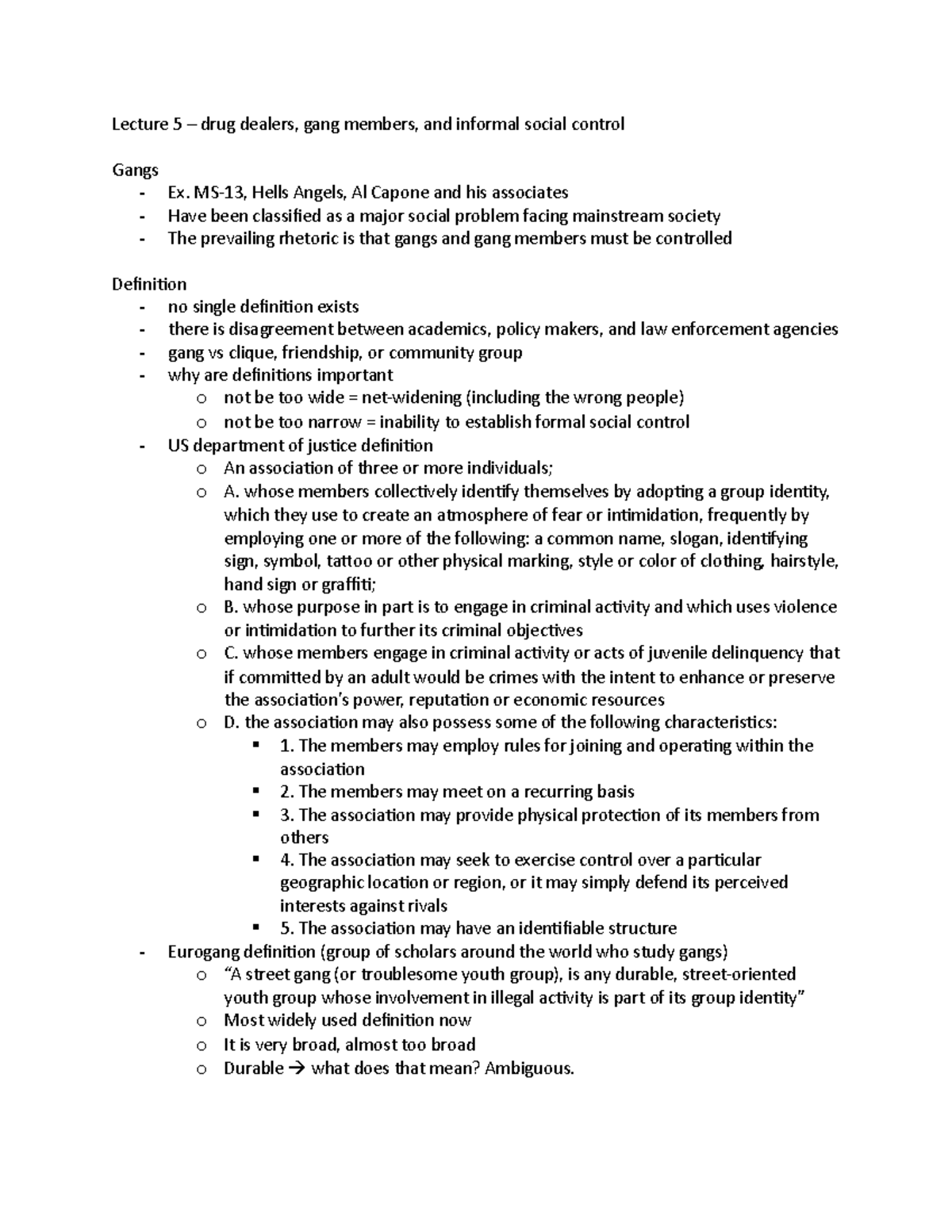 Final exam notes - Lecture 5 – drug dealers, gang members, and informal ...