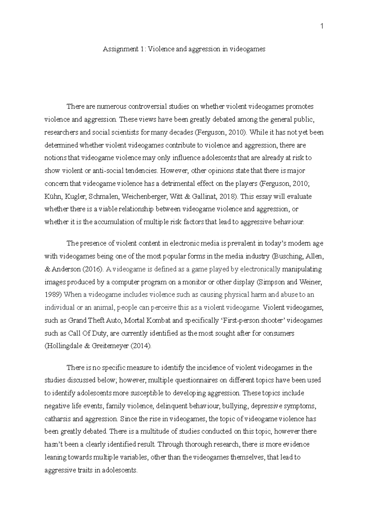 PY10003 Assignment - Assignment 1: Violence and aggression in ...