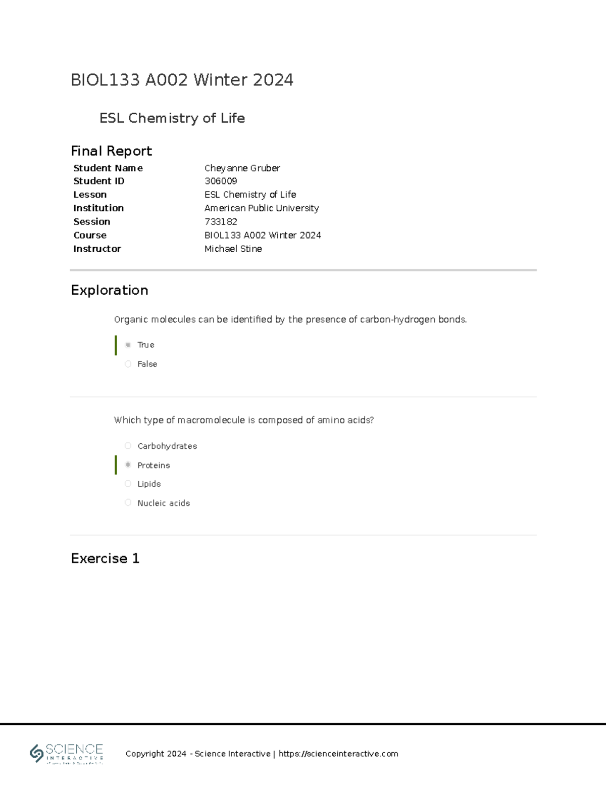 Lab 2 - Classwork - Student Name Student ID Cheyanne Gruber 306009 ...