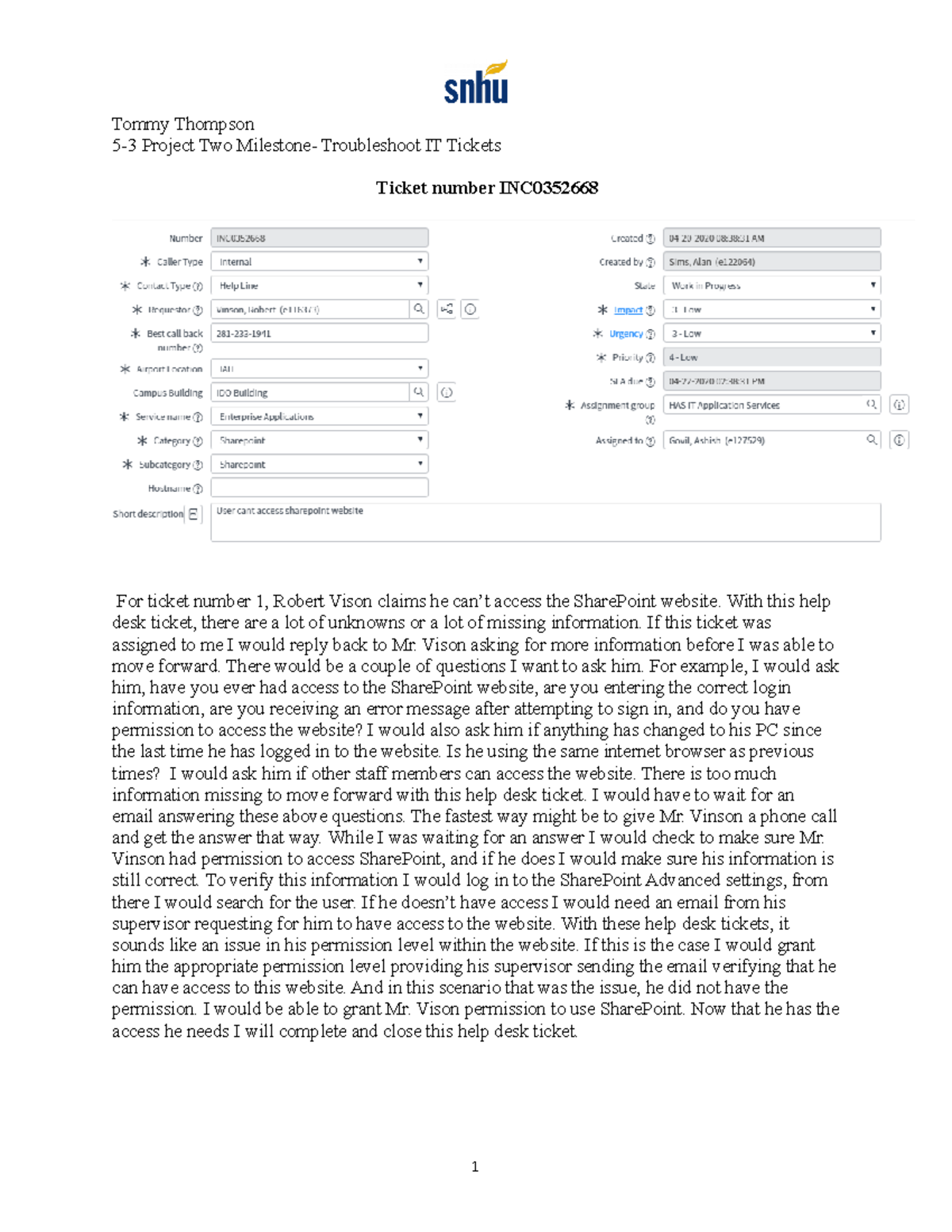 5-3 Project Two Milestone Troubleshoot IT Tickets - Tommy Thompson 5-3 ...