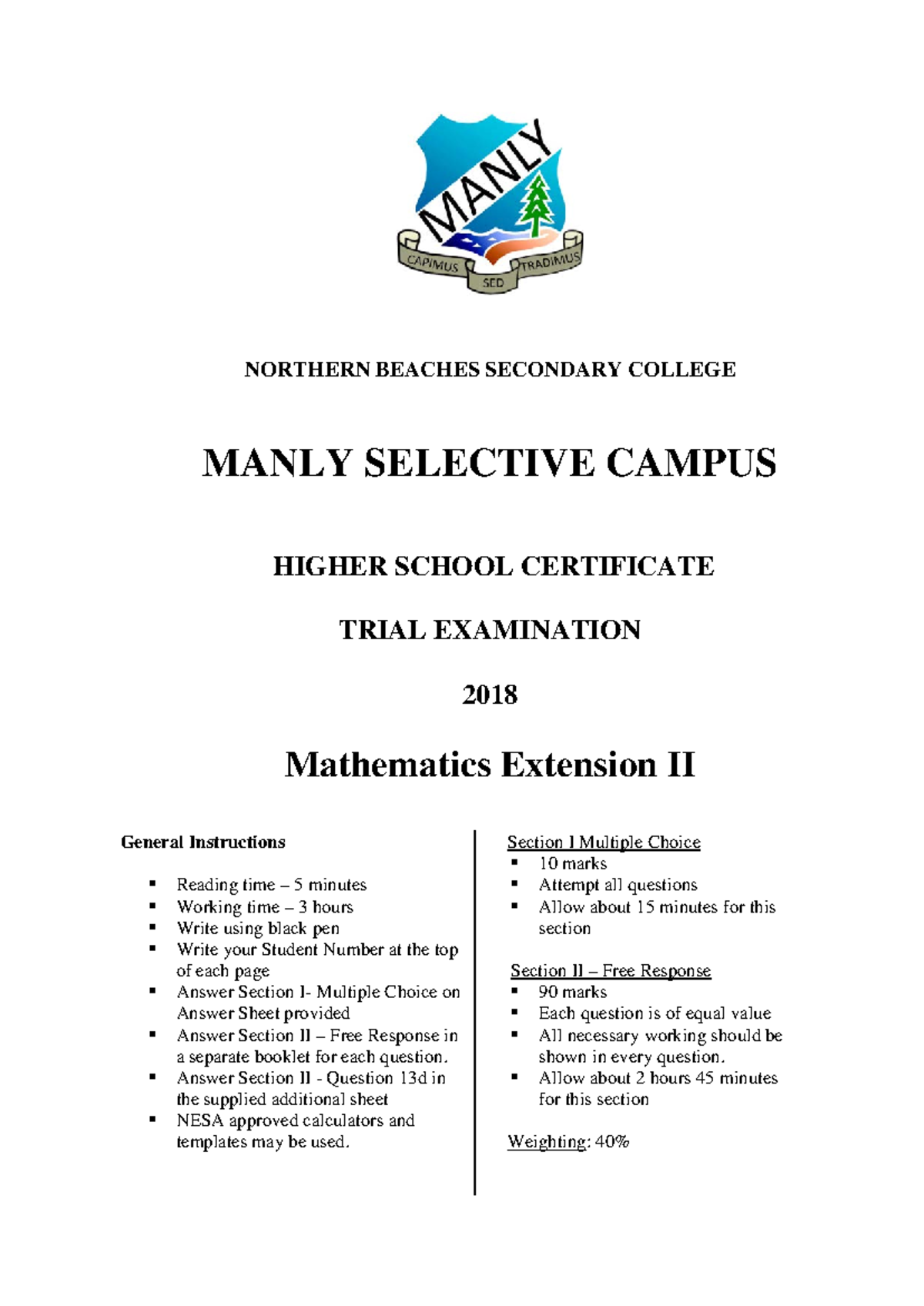 Manly 2018 4U Trials & Solutions - NORTHERN BEACHES SECONDARY COLLEGE ...