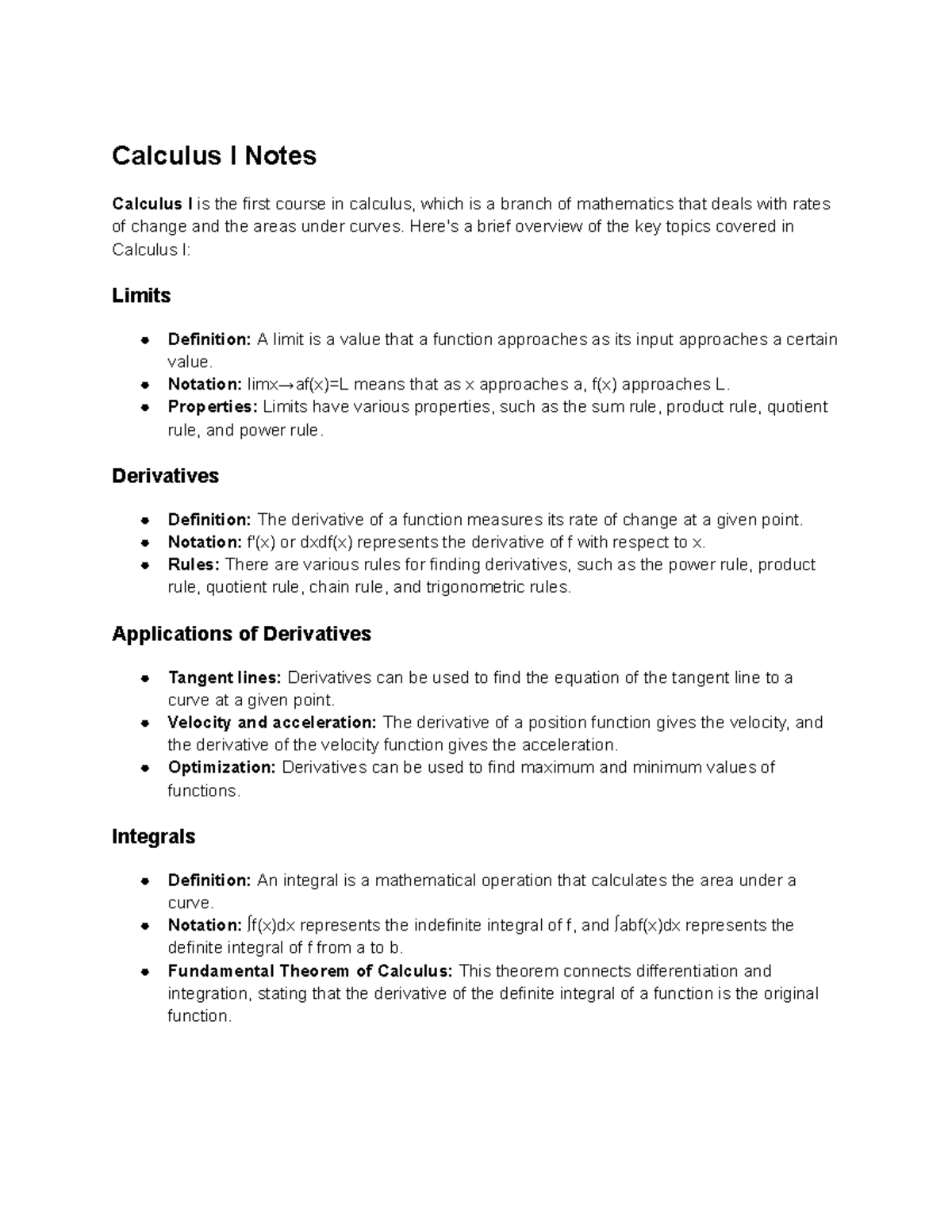 Calculus I notes (DONT USE) - Calculus I Notes Calculus I is the first ...