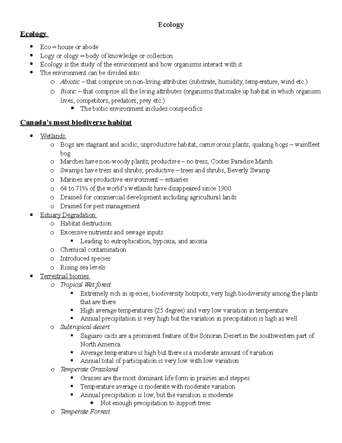 Ecology - Notes - Ecology Eco = house or abode Logy or ology = body of ...