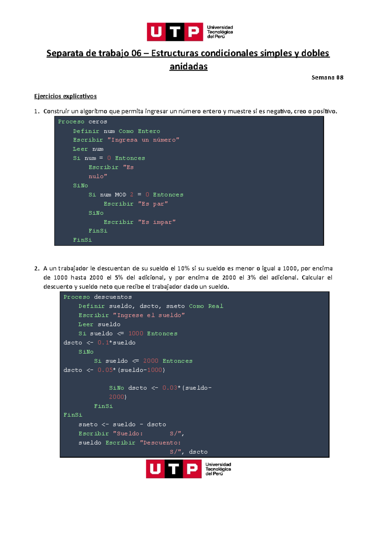 Separata 06 Unidad 02 Luzhernandezlaura - Separata de trabajo 06 – Estructuras condicionales ...