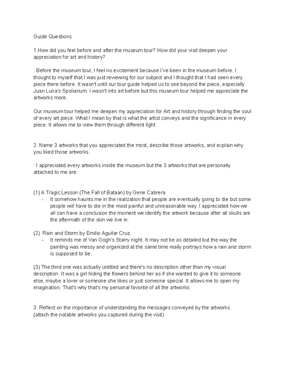 ART Appreciation- Museum TOUR - Guide Questions 1 did you feel before ...