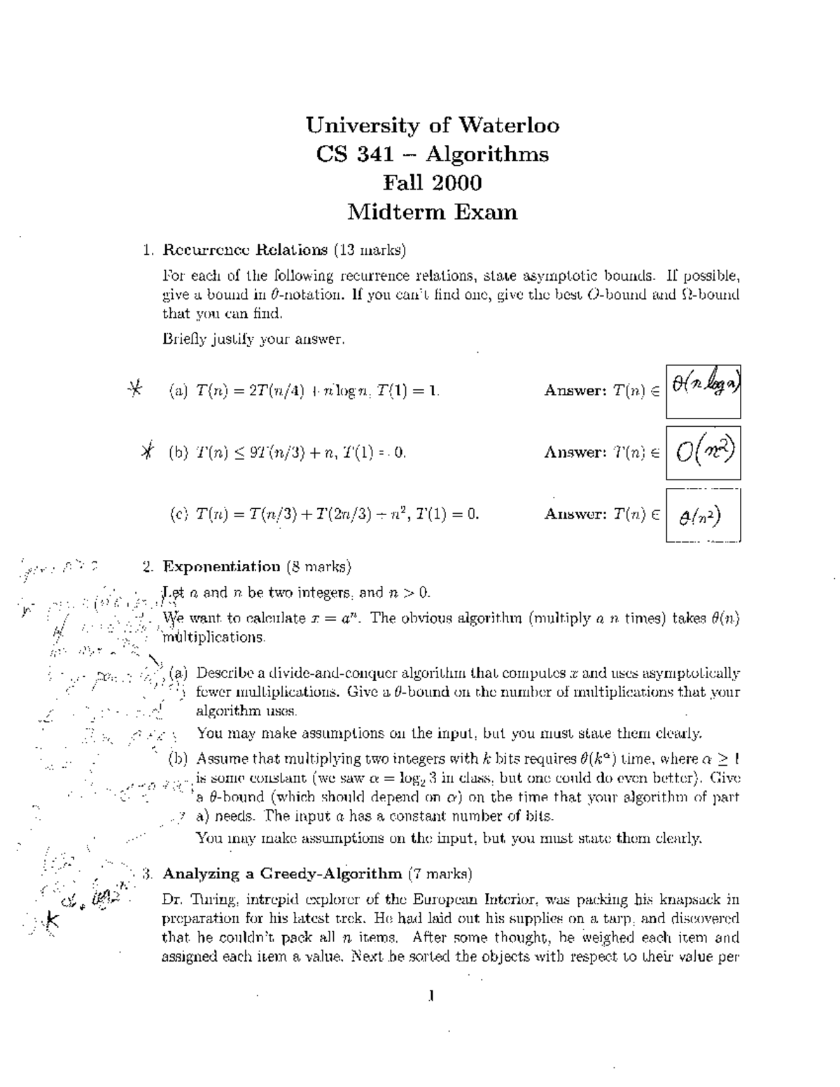 Exam 19 October 2012, questions - at (a) :1. Answer: Tm) e University of Waterloo CS 341 ...