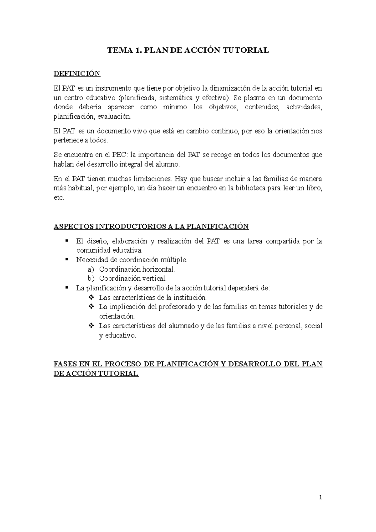 TEMA 1. Plan de Acción Tutorial - TEMA 1. PLAN DE ACCIÓN TUTORIAL DEFINICIÓN El PAT es un - Studocu