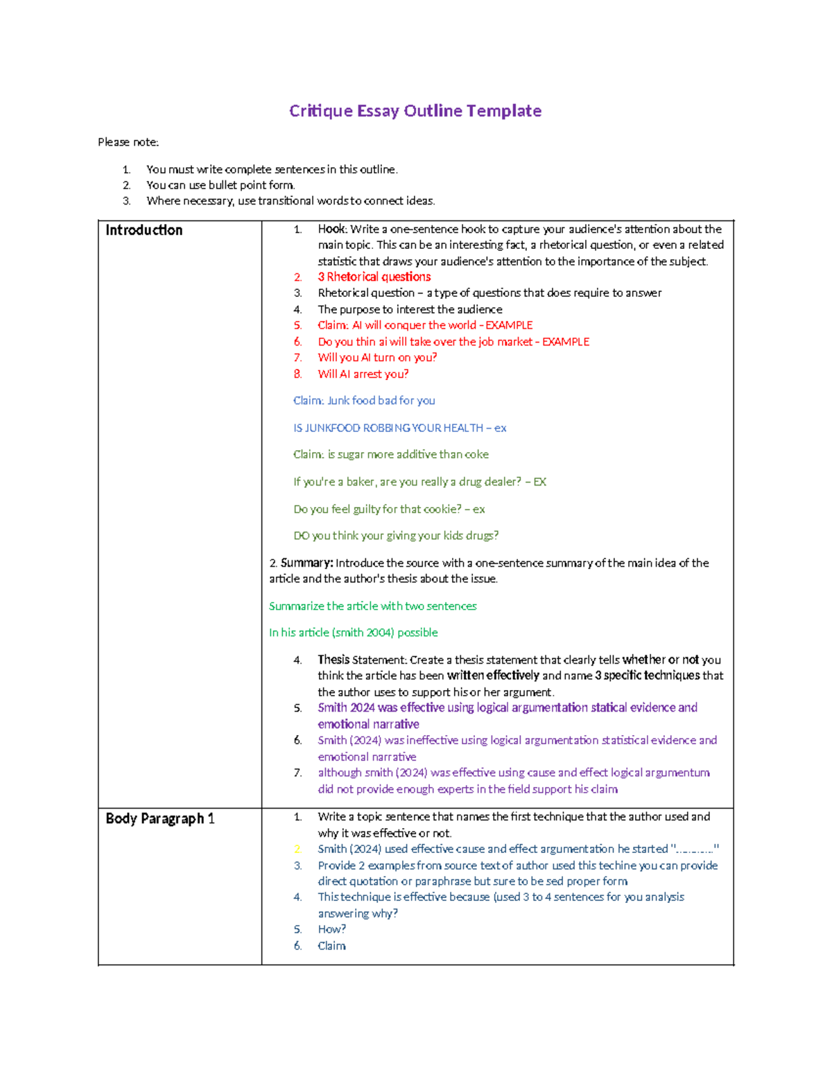 New Critique Essay Outline Template CORE 100 - Critique Essay Outline ...