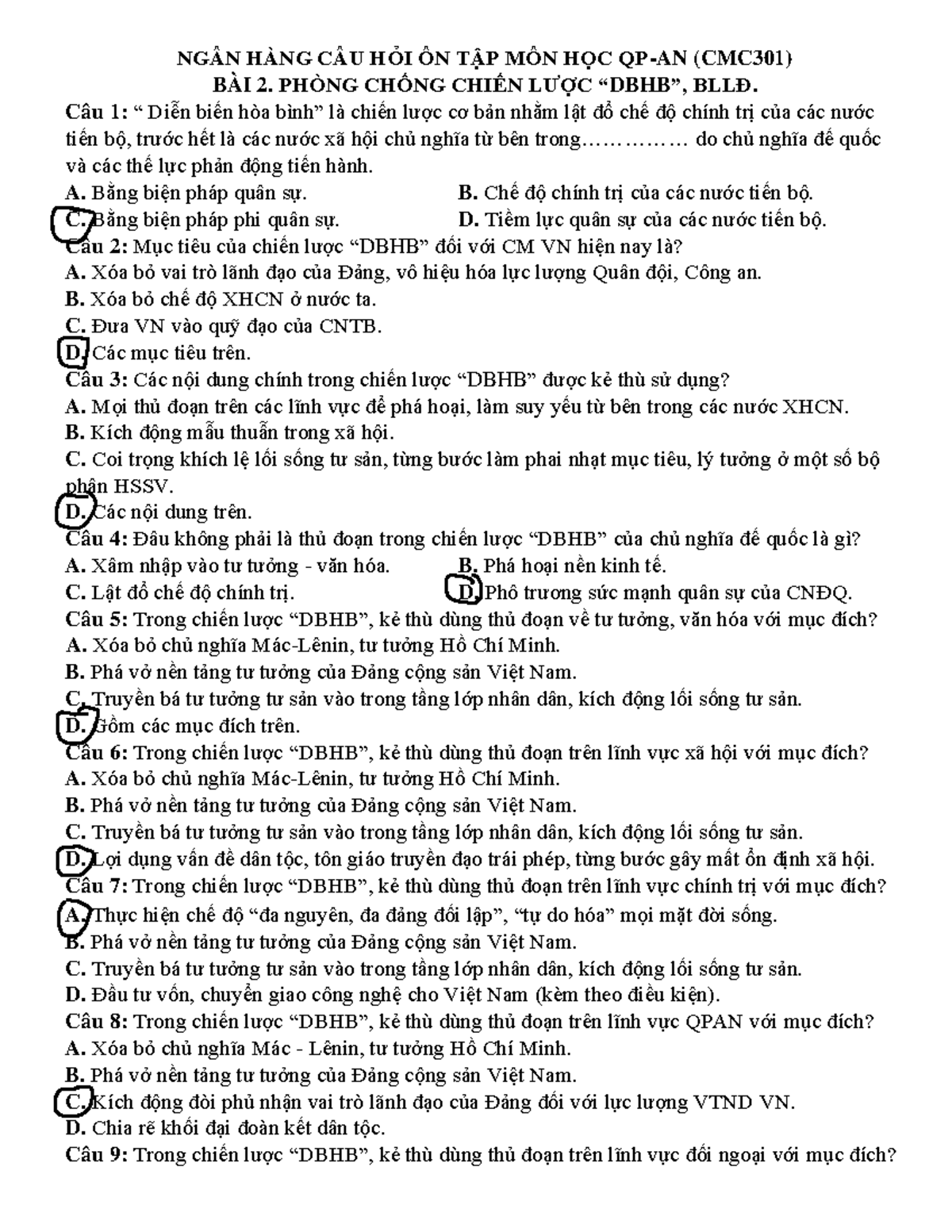 NGÂN HÀNG CÂU HỎI ÔN TẬP MÃ CMC301 - CẬP NHẬT - Copy - NGÂN HÀNG CÂU HỎI ÔN TẬP MÔN HỌC QP-AN ...