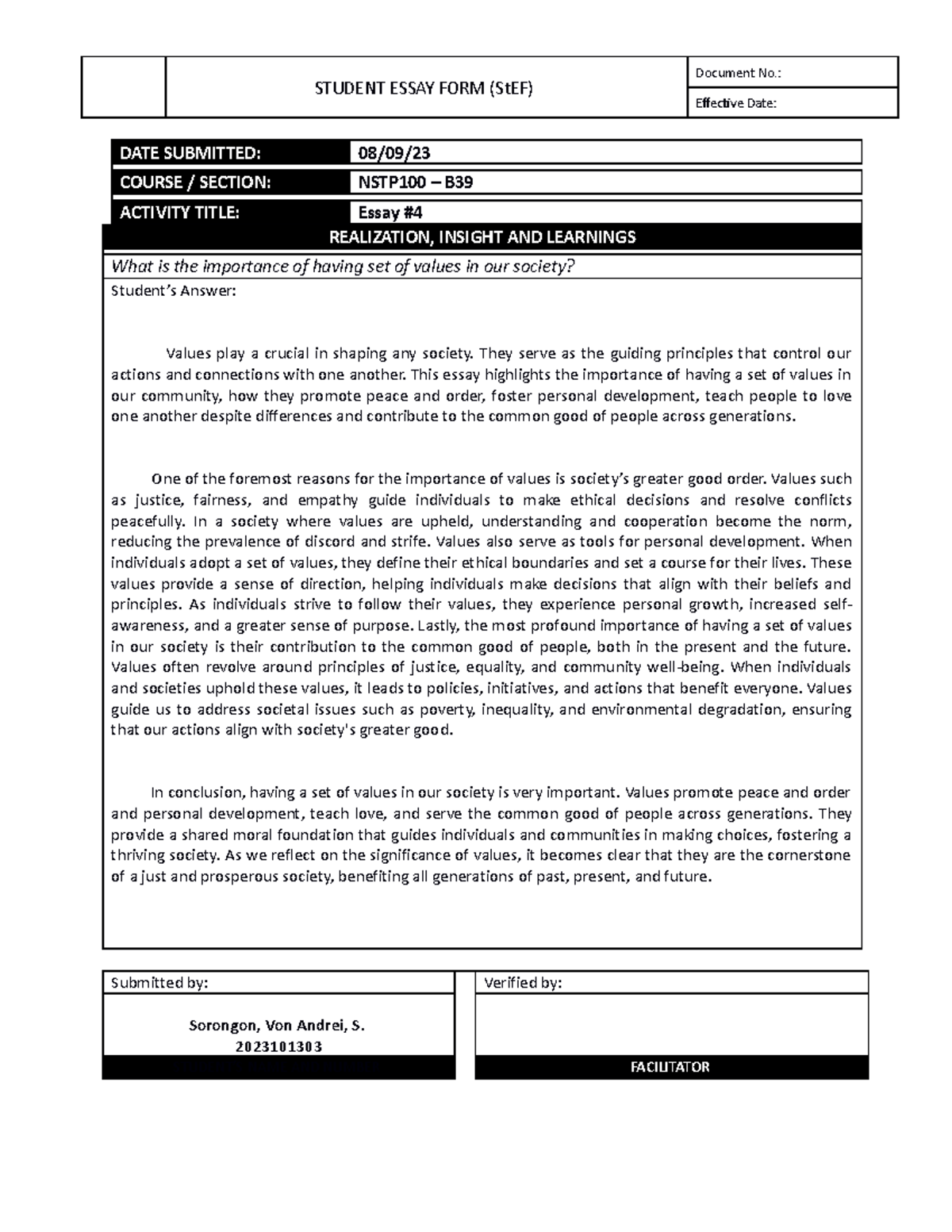 Form - NSTP100 Essay #4 - STUDENT ESSAY FORM (StEF) Document No ...