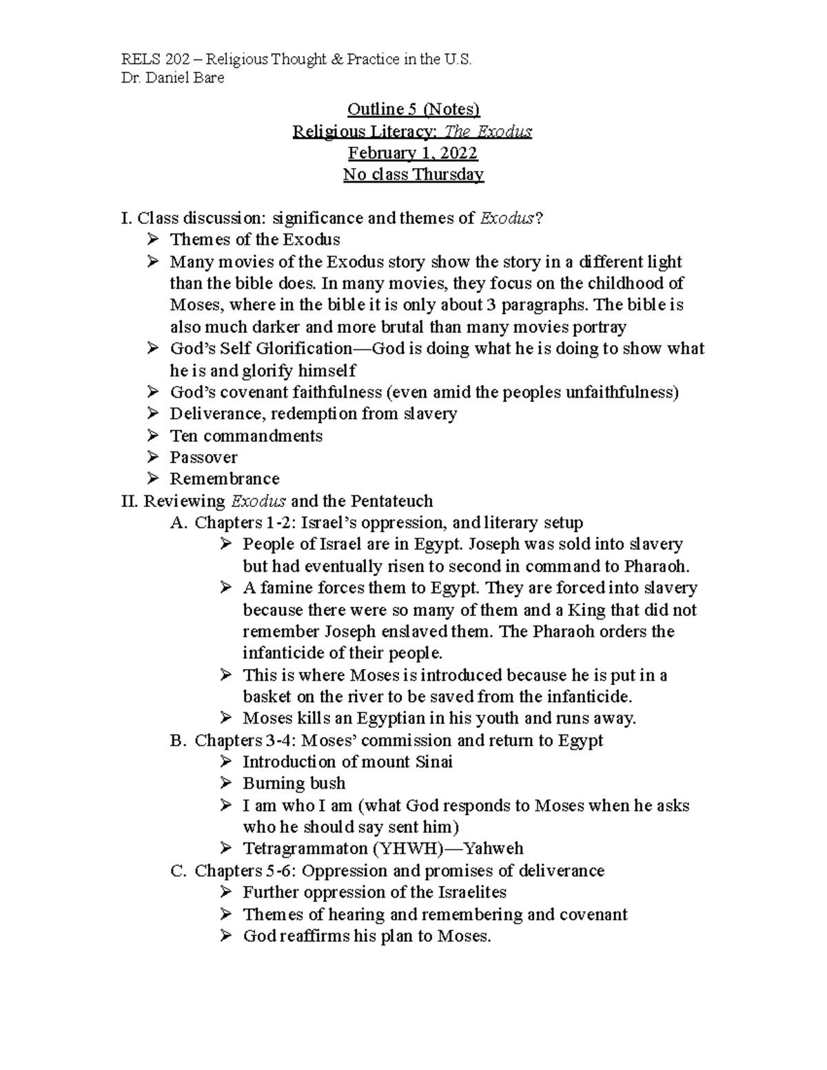Outline 05 - The Exodus - Dr. Daniel Bare class notes - RELS 202 ...