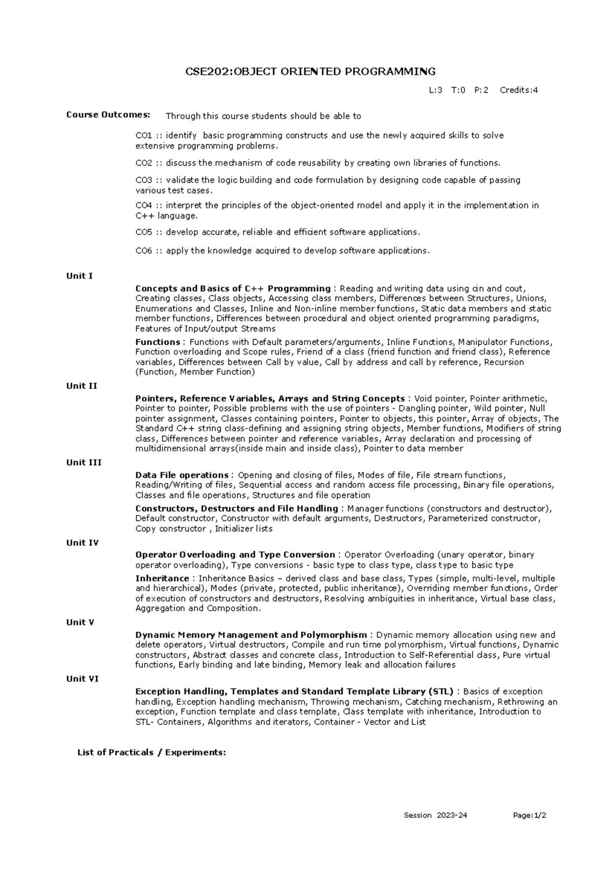 C++ 202 Syllabus - nothing - CSE202:OBJECT ORIENTED PROGRAMMING Course ...
