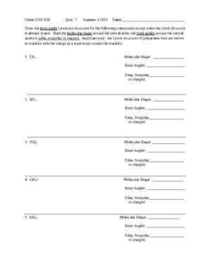 Quiz 5 - Take home quiz for summer chemistry - Chem 1311 Quiz 5 Summer ...
