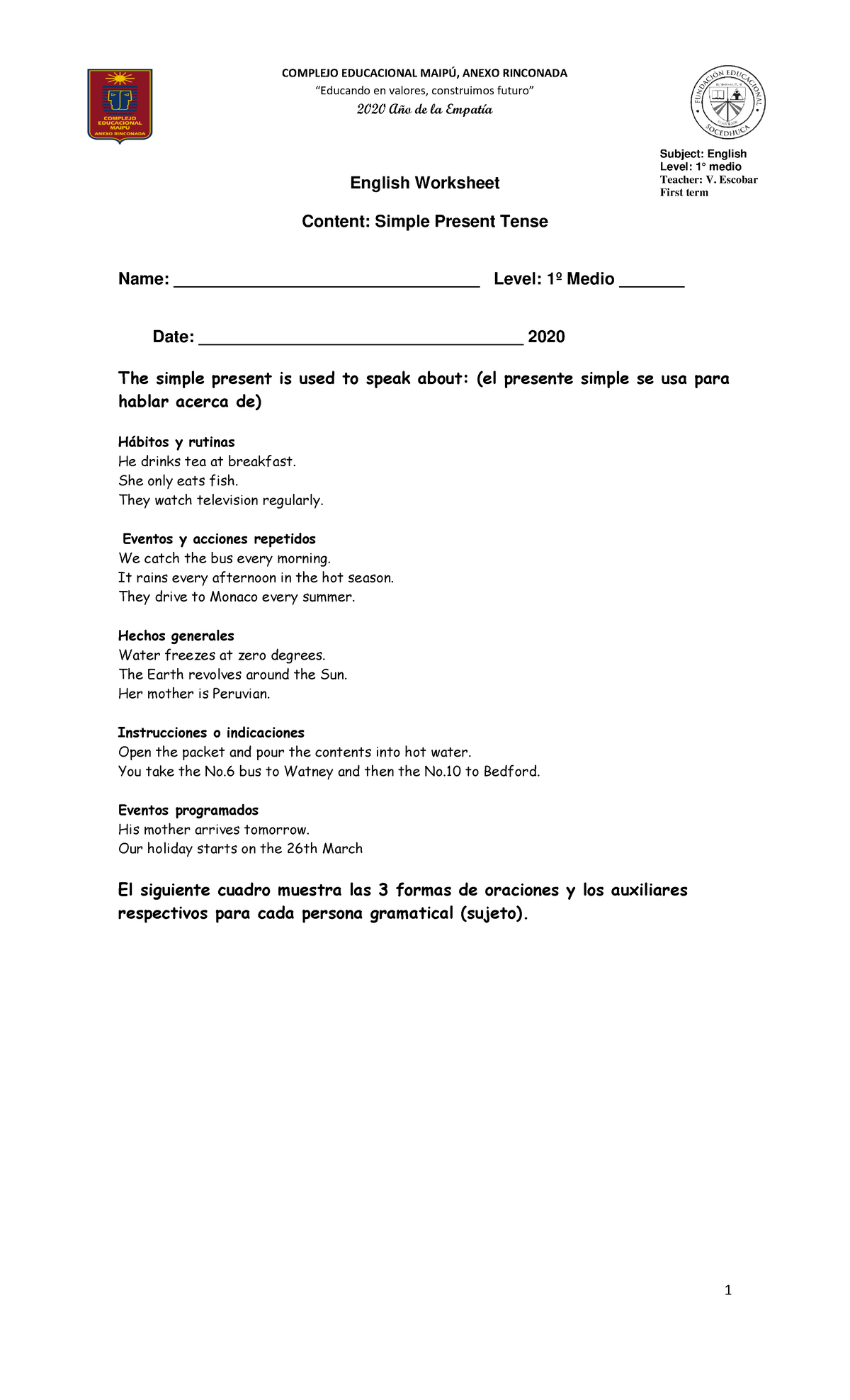 Inglés -presente-simple taller - COMPLEJO EDUCACIONAL MAIPÚ, ANEXO ...