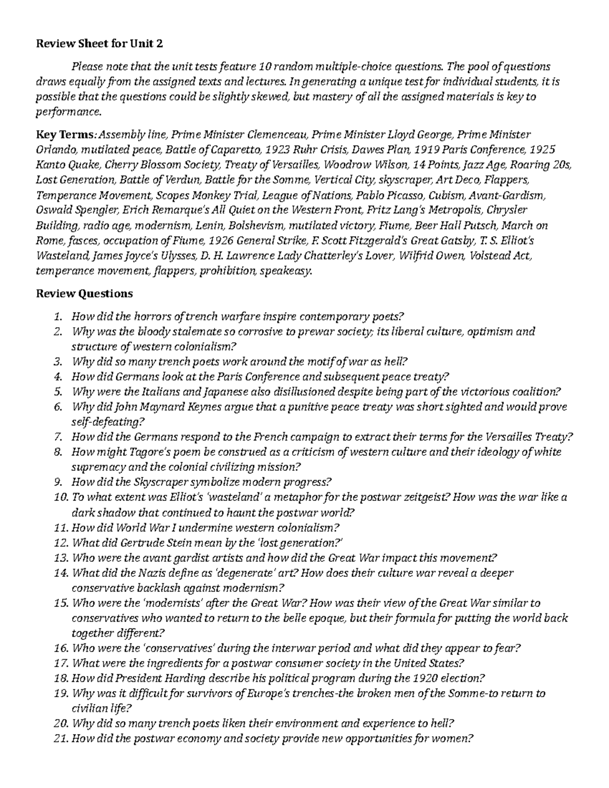 Review Sheet for Unit 2 - The pool of questions draws equally from the ...