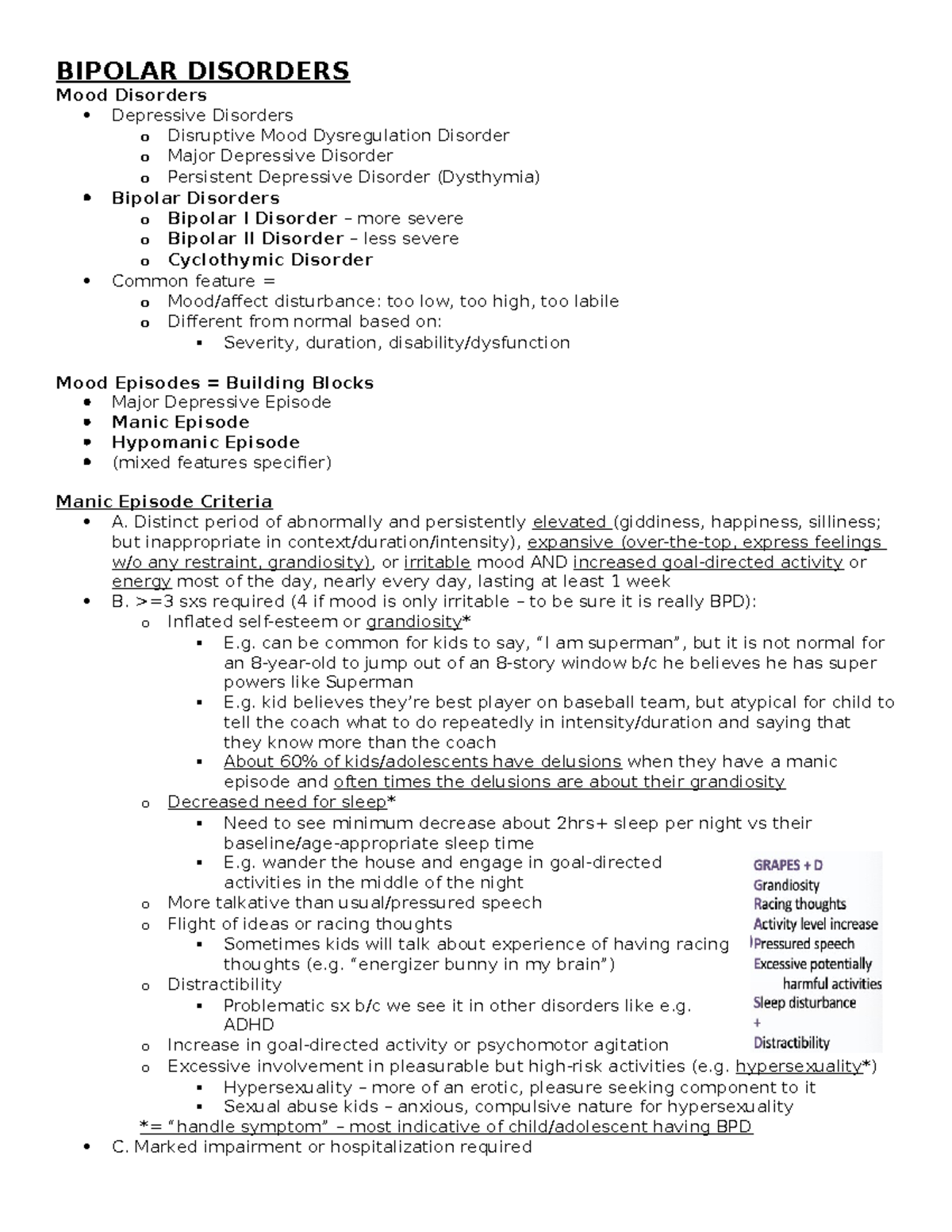 Bipolar Disorders Notes - BIPOLAR DISORDERS Mood Disorders Depressive ...