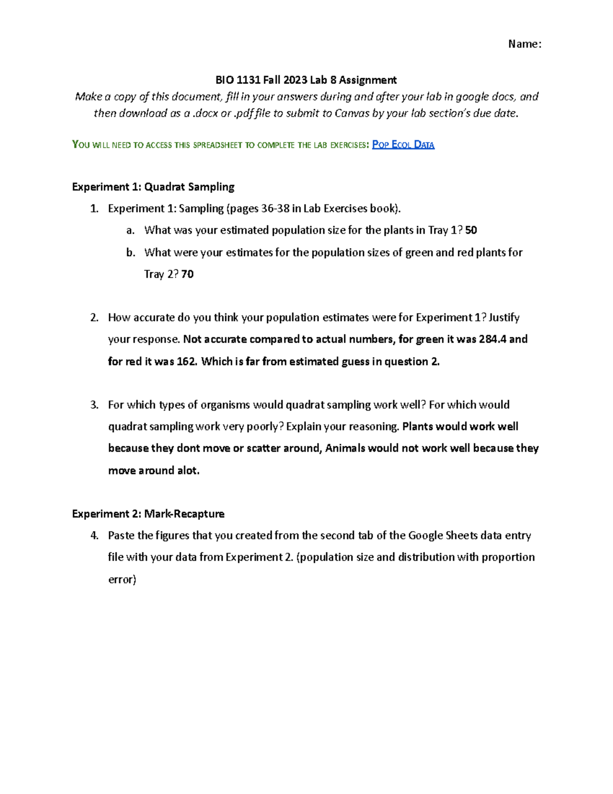 Copy of Lab 8 FA23 Worksheet Pop Ecology - Name: BIO 1131 Fall 2023 Lab ...