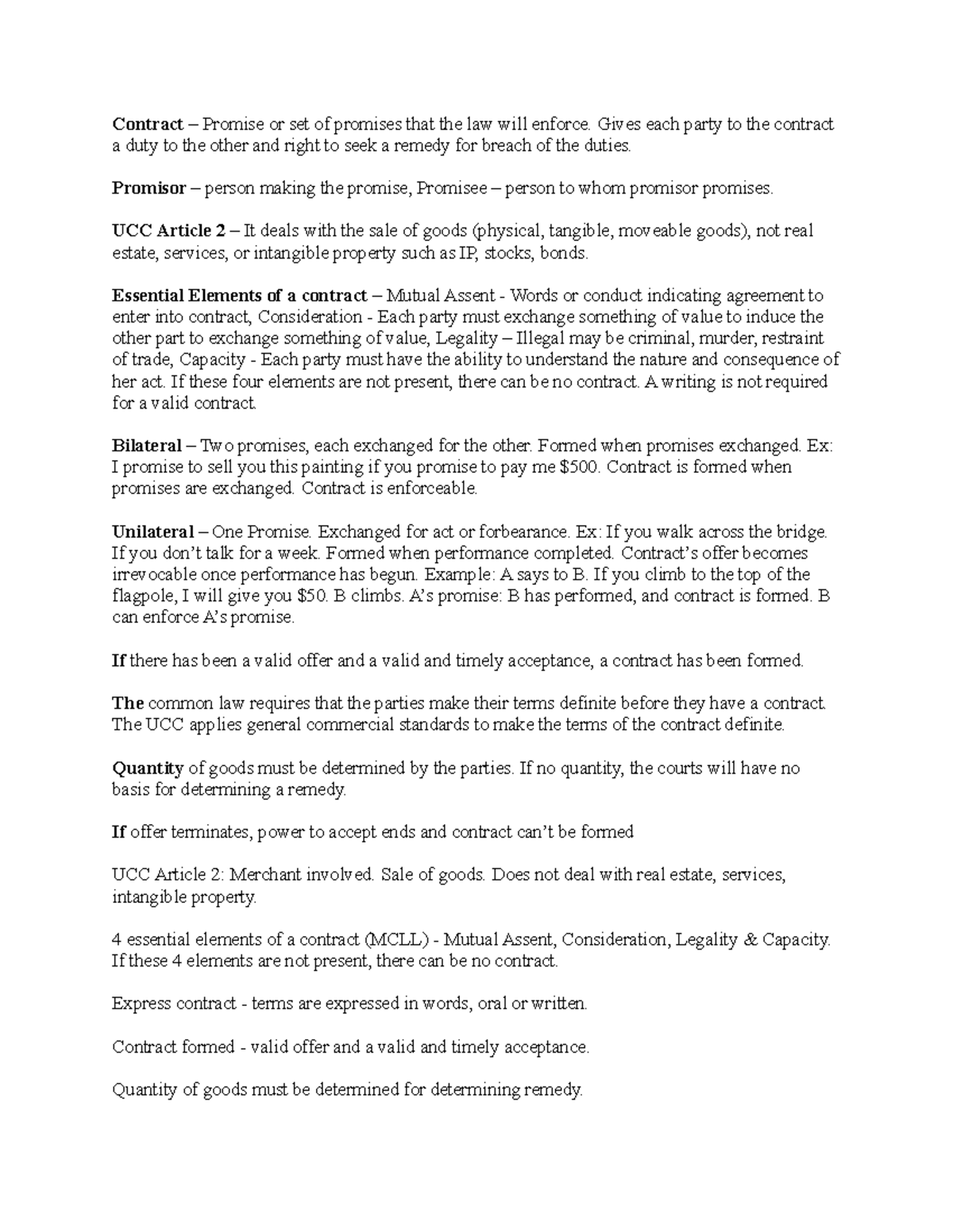 Law Notes 2 - Summary - Contract – Promise or set of promises that the ...