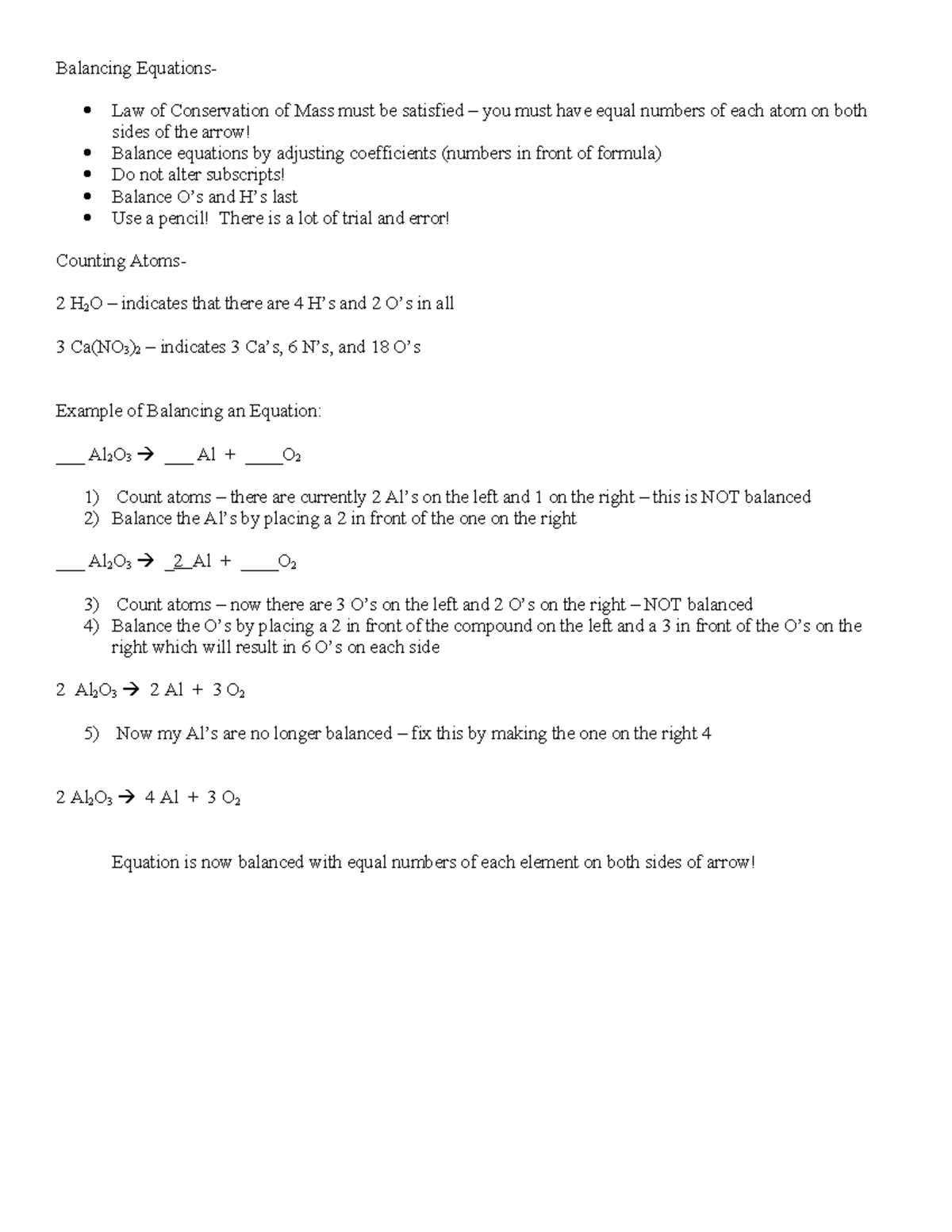 Balancing Equations - Notes - Balancing Equations- Law of Conservation ...
