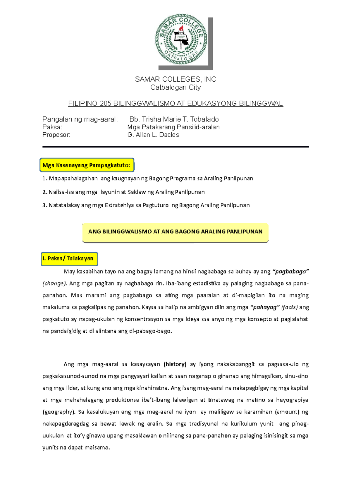 ANG Bilinggwalismo AT ANG Bagong Araling Panlipunan - SAMAR COLLEGES ...