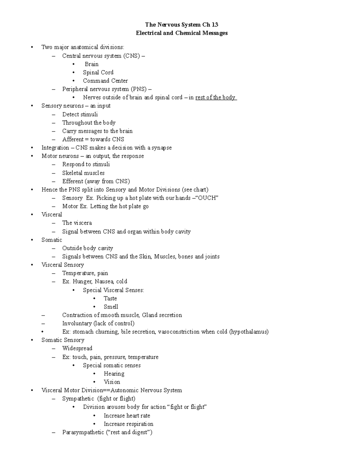 Ch 13 Outline - Dr. Young - The Nervous System Ch 13 Electrical and ...