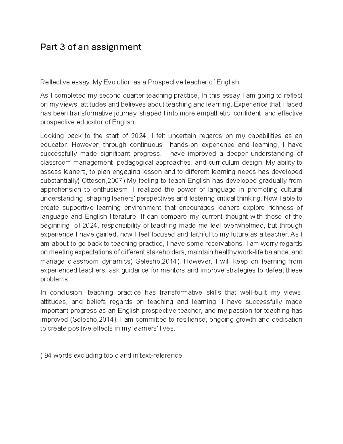 Reflection ONLY - Assignment 2 - Part 3 of an assignment Reflective ...