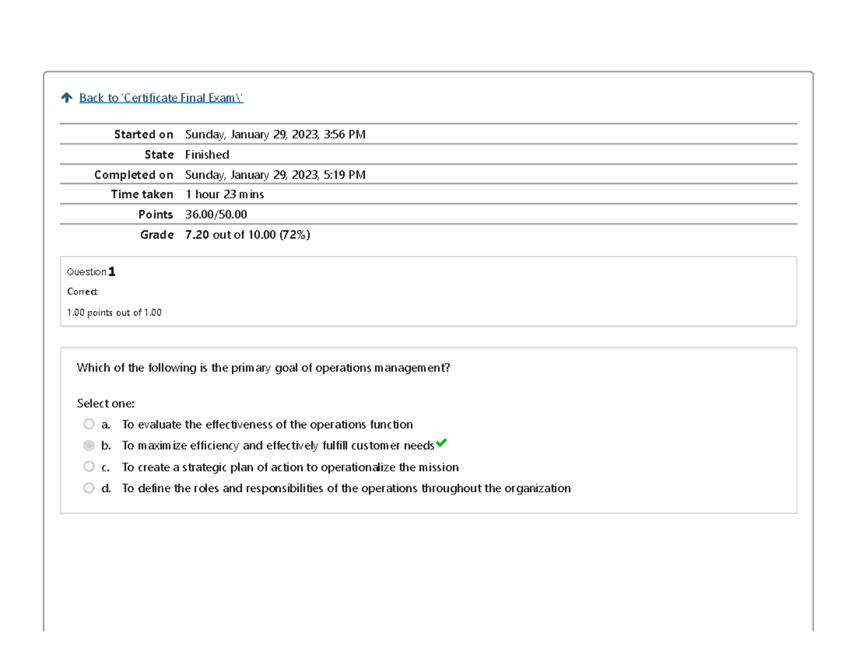 Operations Management - Back to 'Certificate Final Exam' Started on ...